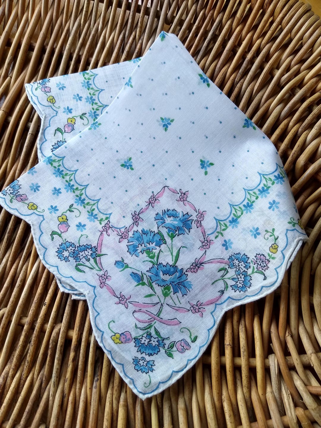 Vintage Ladies Handkerchief Bachelor Buttons Ribbons & Swags Very Good ...