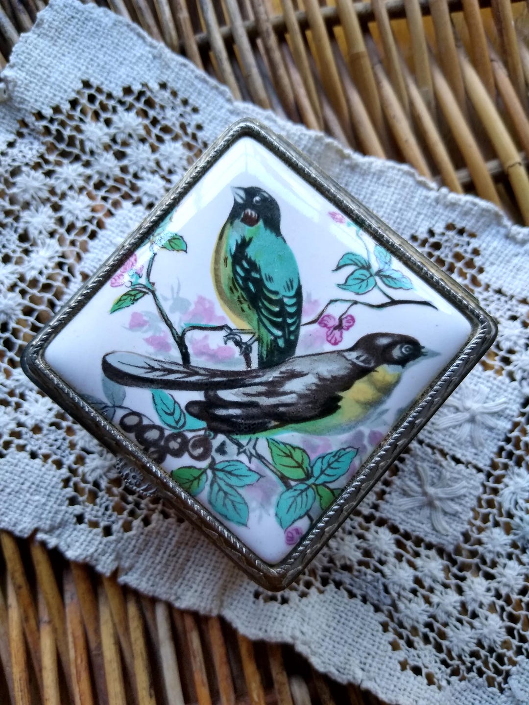Vintage Bluebird & Blueberries Porcelain Tile Ormulu Sm Jewelry Casket ...