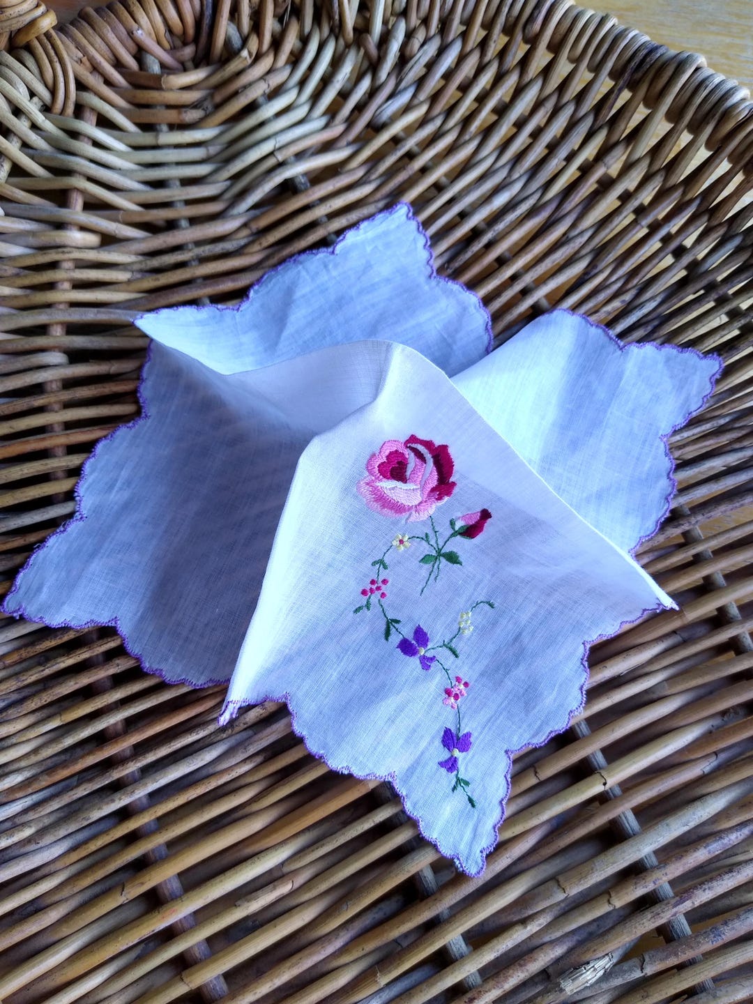 Vintage Ladies Handkerchief Hand Embroidered Rose Vine Swag - Etsy