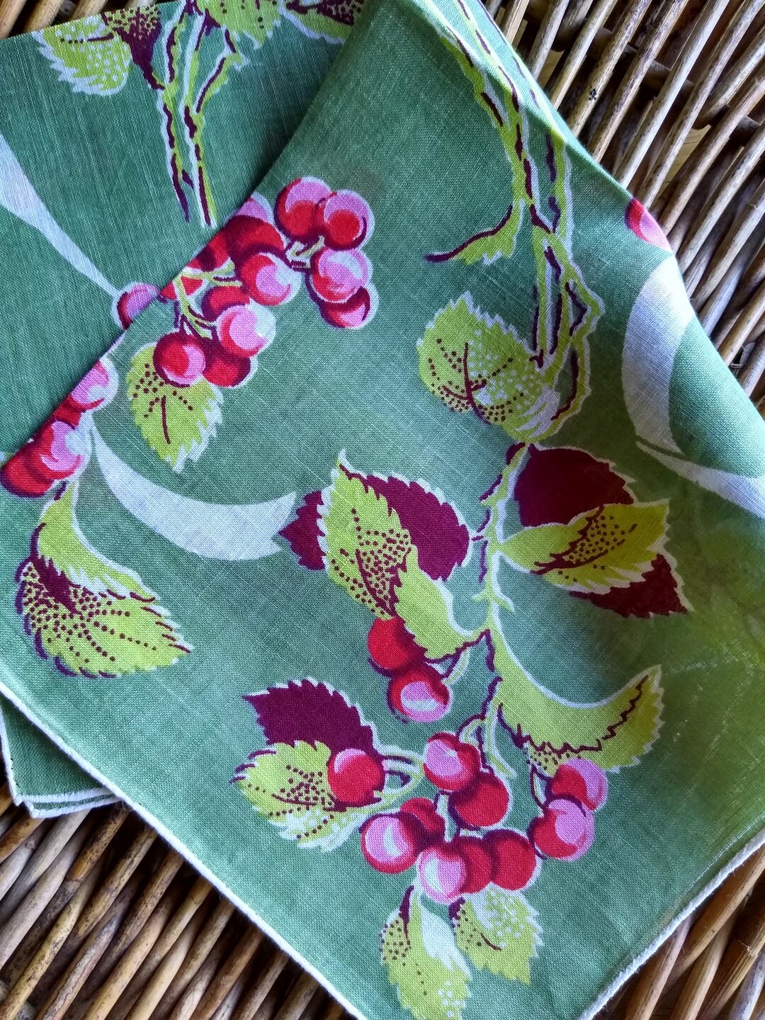 Vintage Ladies Handkerchief Red Cherries on Olive Green Very Good ! - Etsy