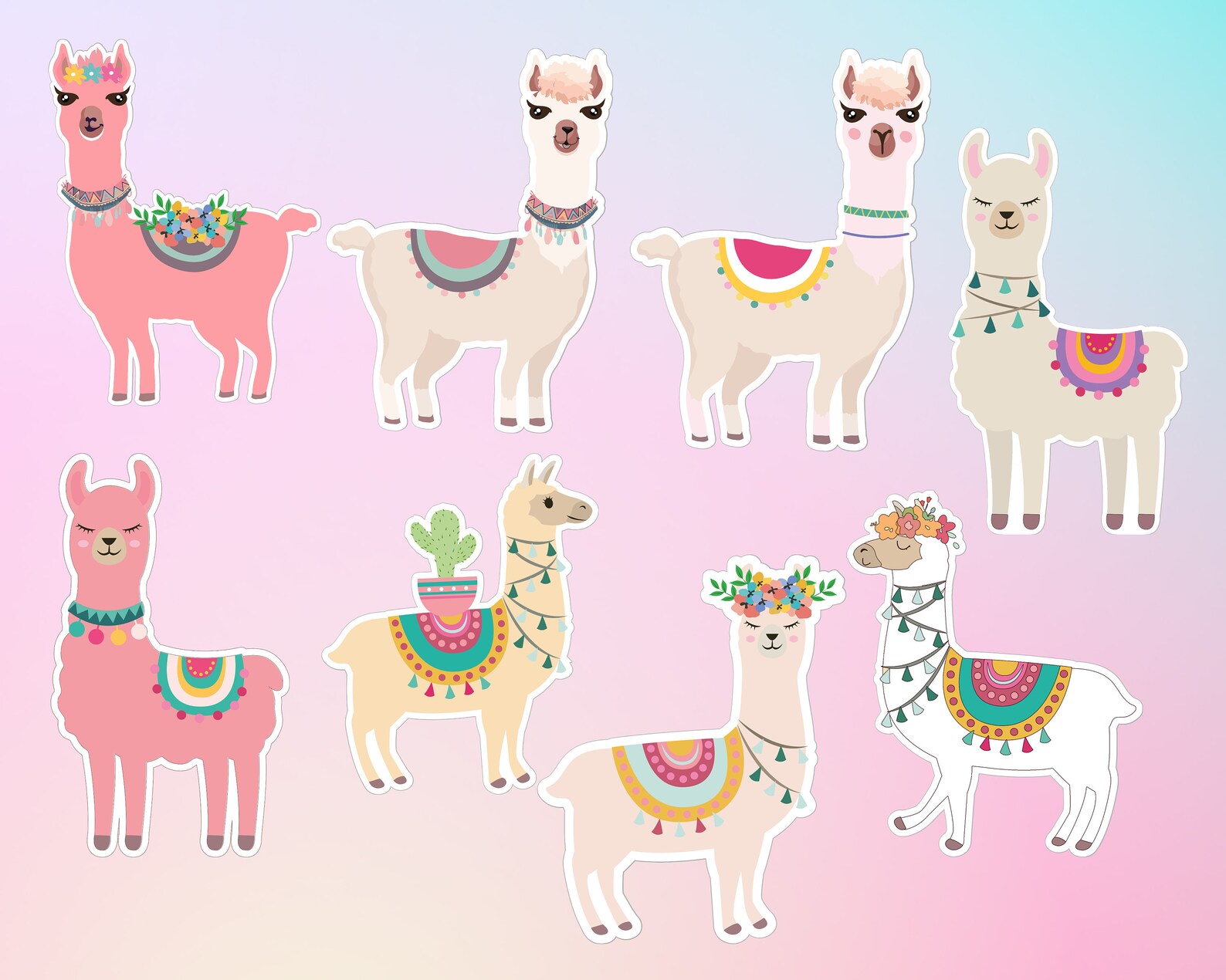 Colorful Alpaca Llamas Clipart Printable Sticker Cute Transparent ...