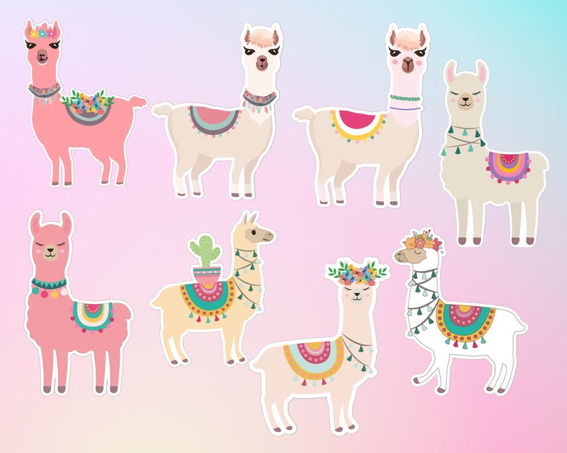 Colorful Alpaca Llamas Clipart Printable Sticker Cute Transparent ...