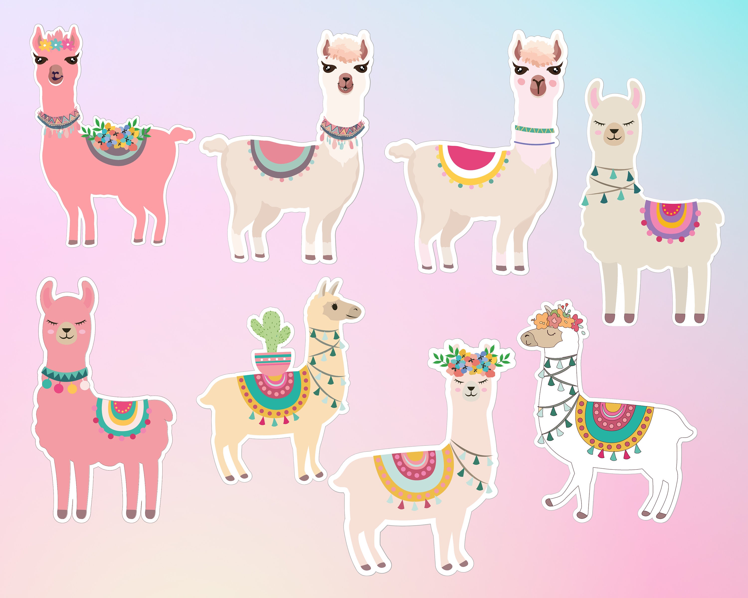 Colorful Alpaca Llamas Clipart Printable Sticker Cute Transparent ...