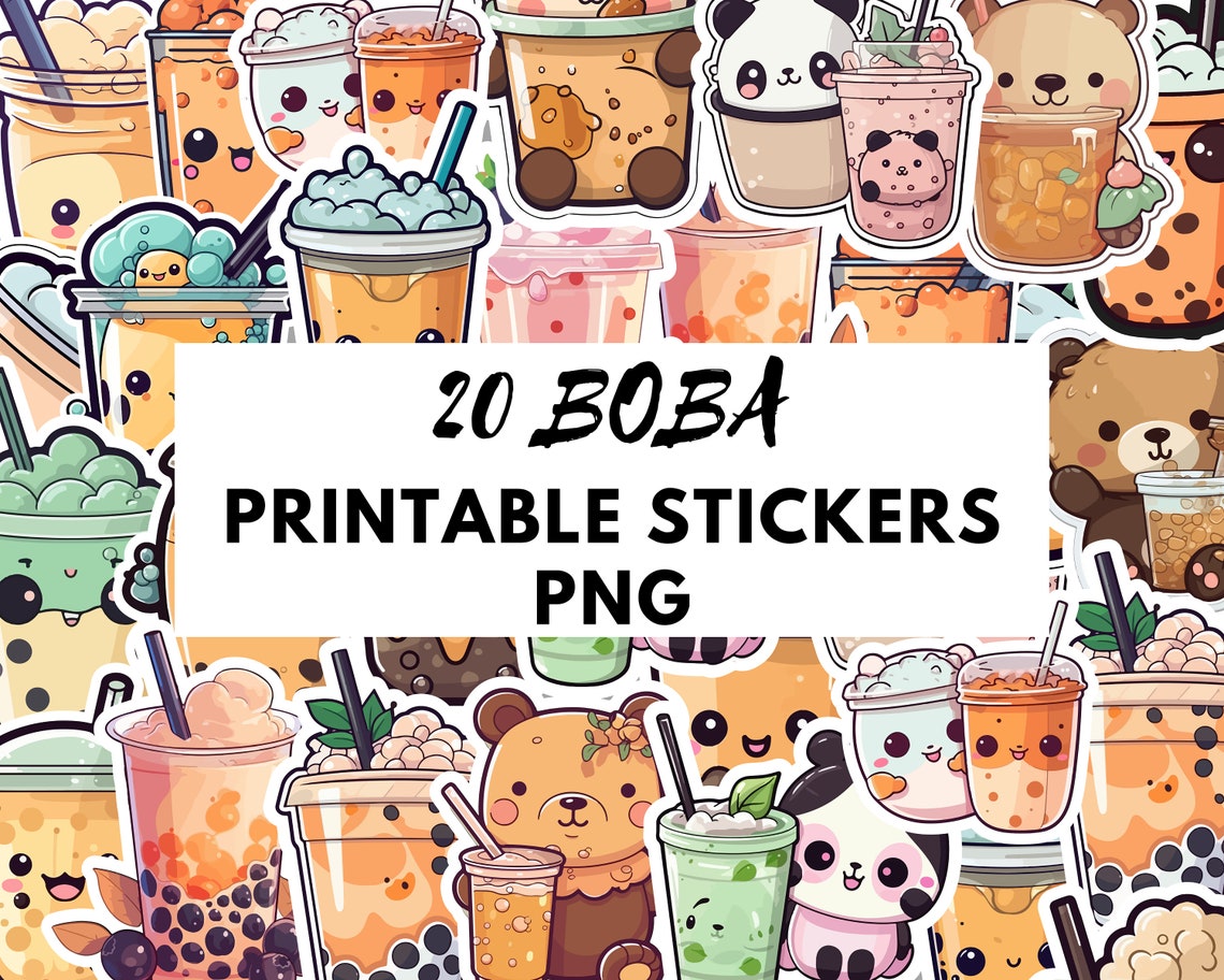 20 Boba Printable Stickers PNG Bubble Tea Print Digital Stickers Cute ...