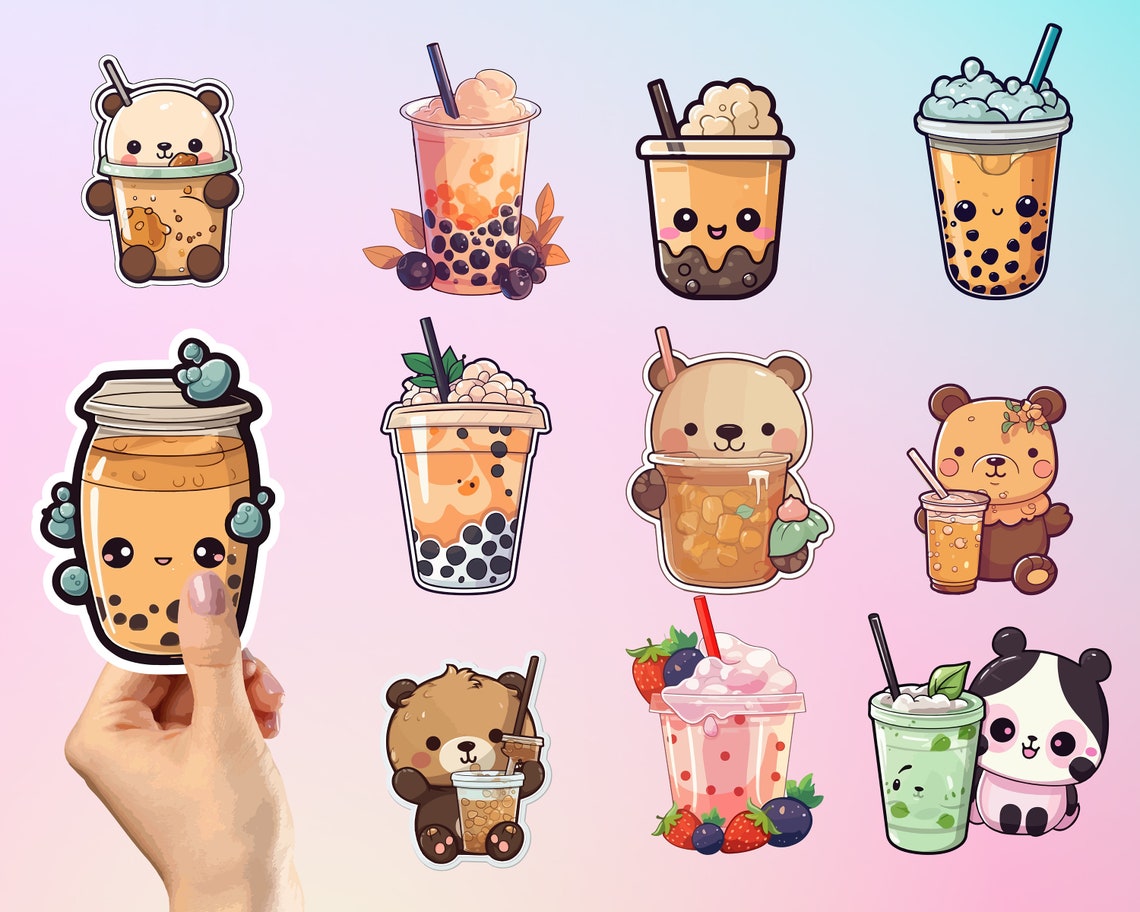 20 Boba Printable Stickers PNG Bubble Tea Print Digital Stickers Cute ...