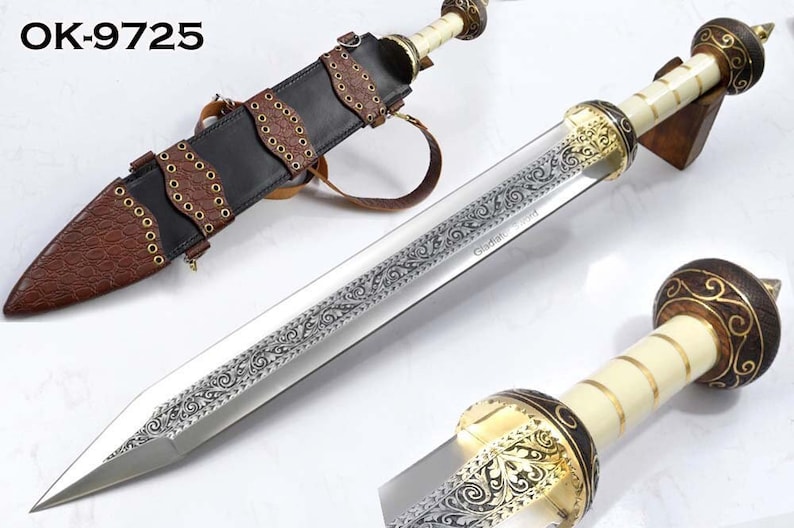 Handmade D2 Steel Gladiator Sword: Flora Engraved Rose Wood & Brass ...