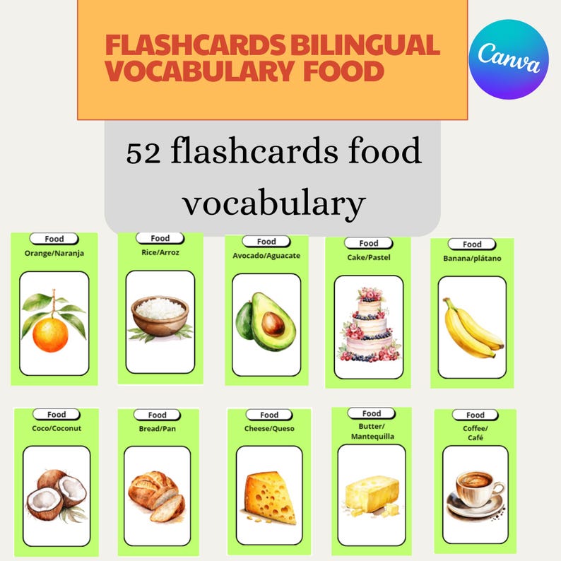 Bilingual Food Vocabulary Flashcards Spanish & English Learning Tool ...