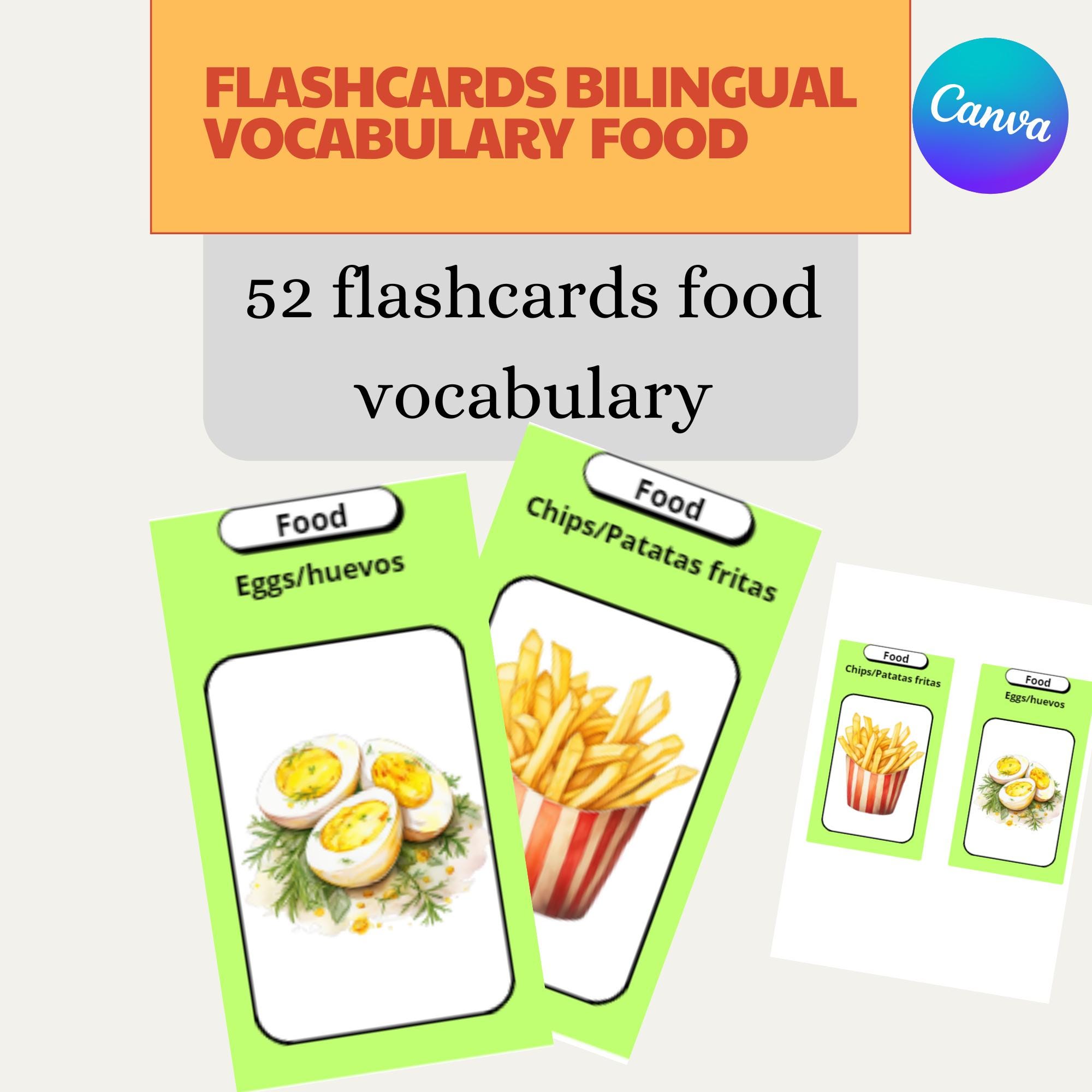 Bilingual Food Vocabulary Flashcards Spanish & English Learning Tool ...