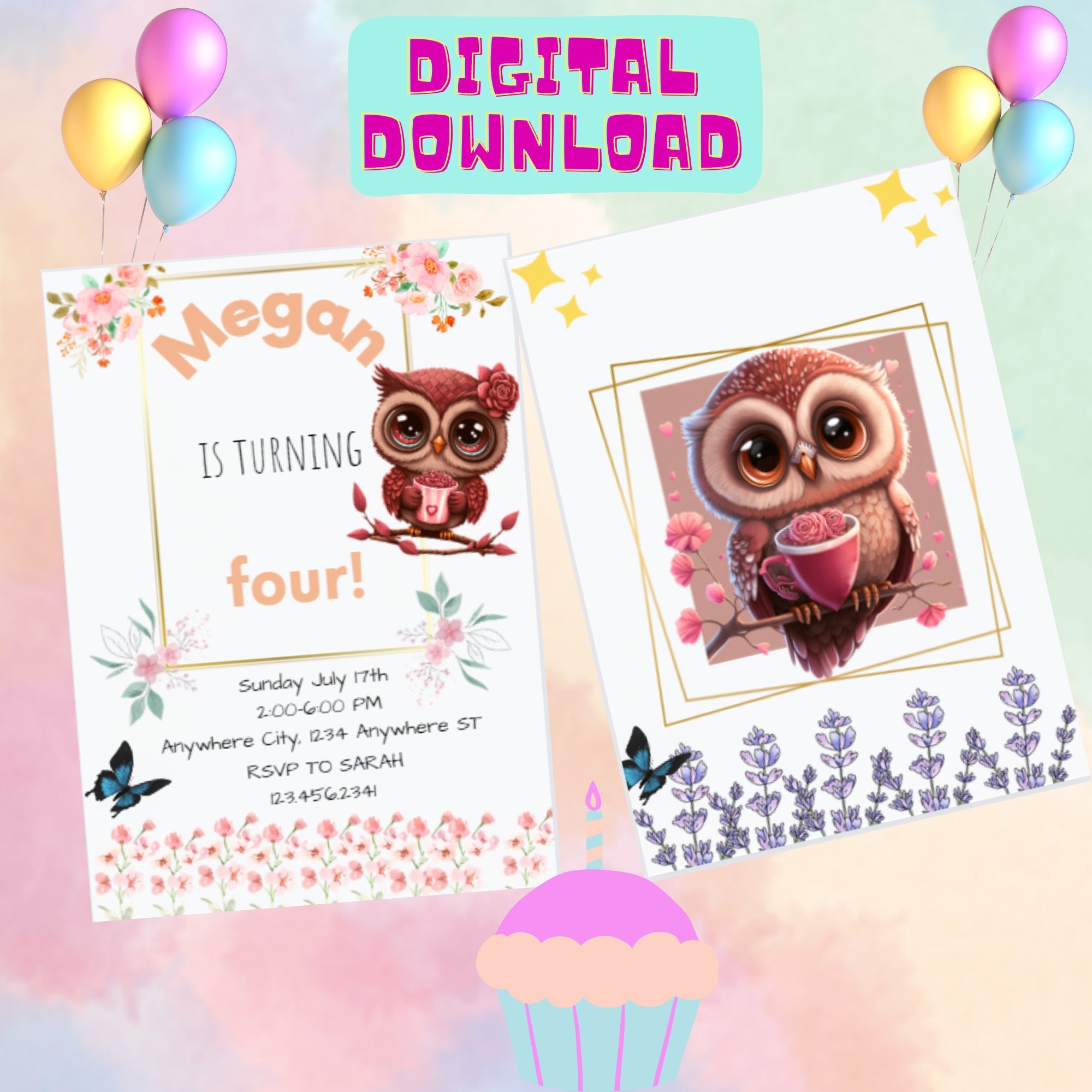Printable Owl Birthday Invite,editable Owl Birthday Invitation ...