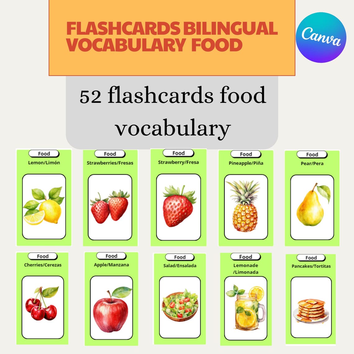 Bilingual Food Vocabulary Flashcards Spanish & English Learning Tool ...