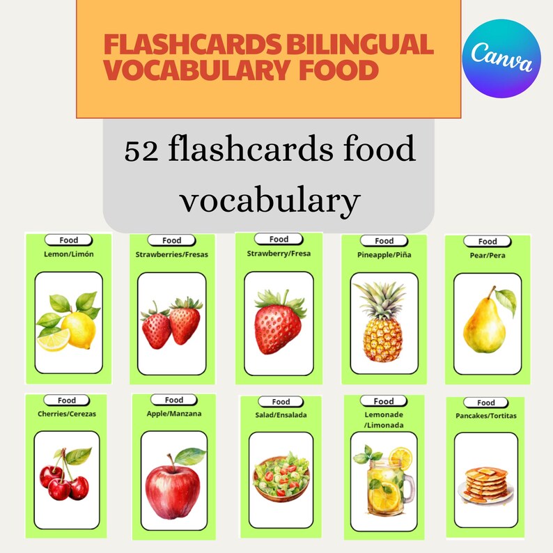 Bilingual Food Vocabulary Flashcards Spanish & English Learning Tool ...