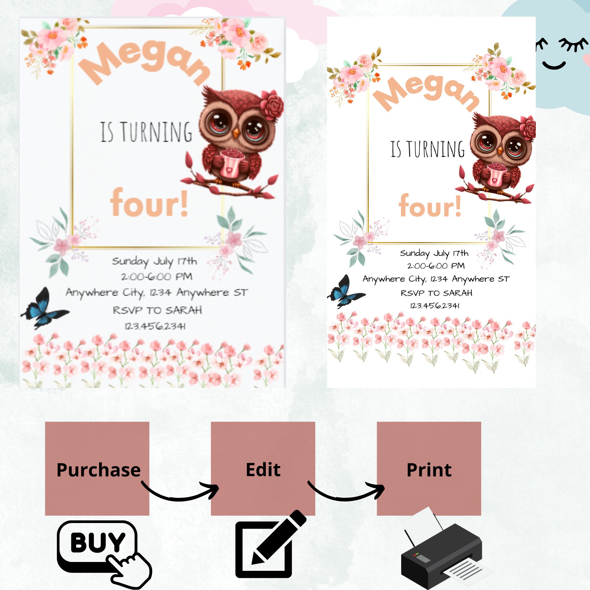 Printable Owl Birthday Invite,editable Owl Birthday Invitation ...