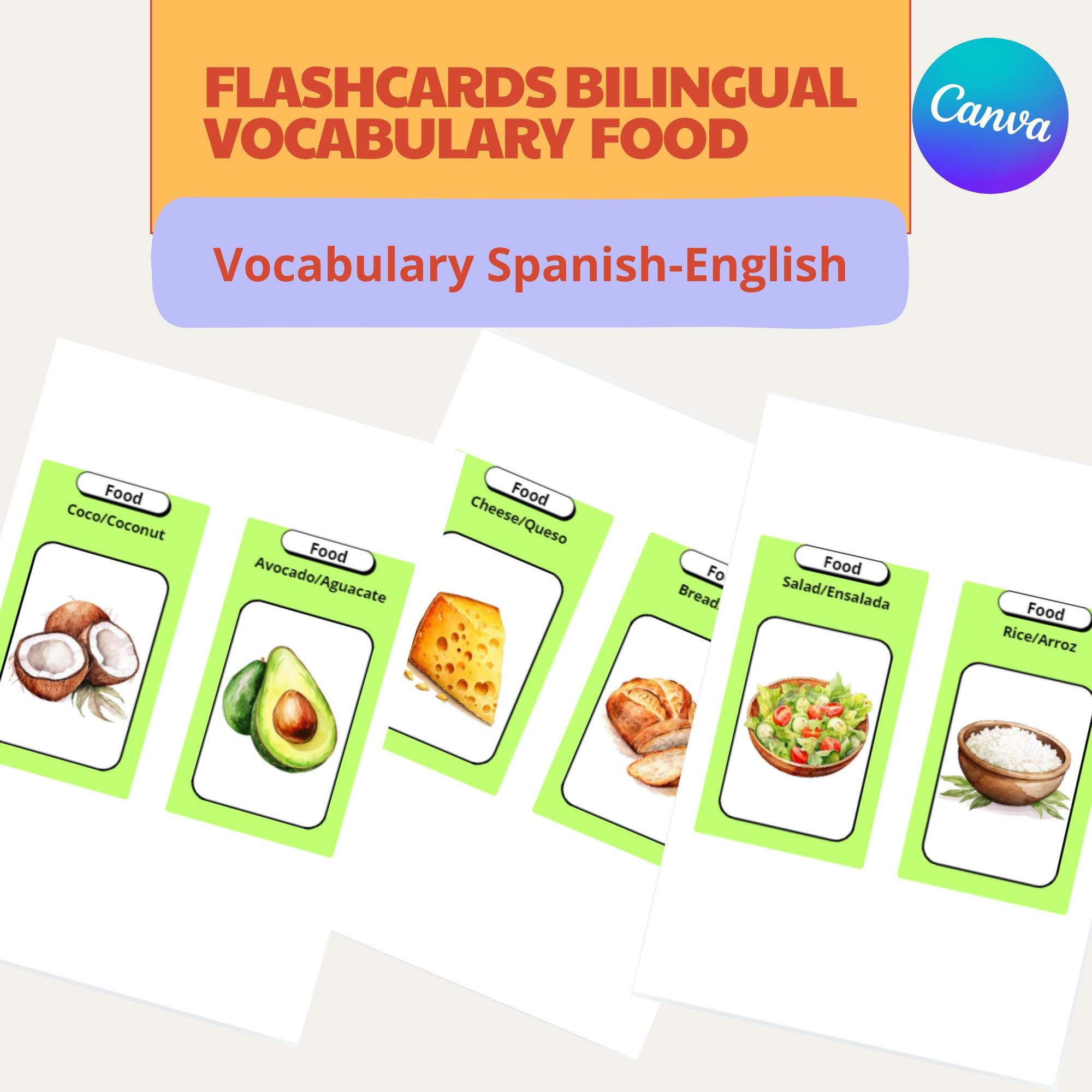 Bilingual Food Vocabulary Flashcards Spanish & English Learning Tool ...