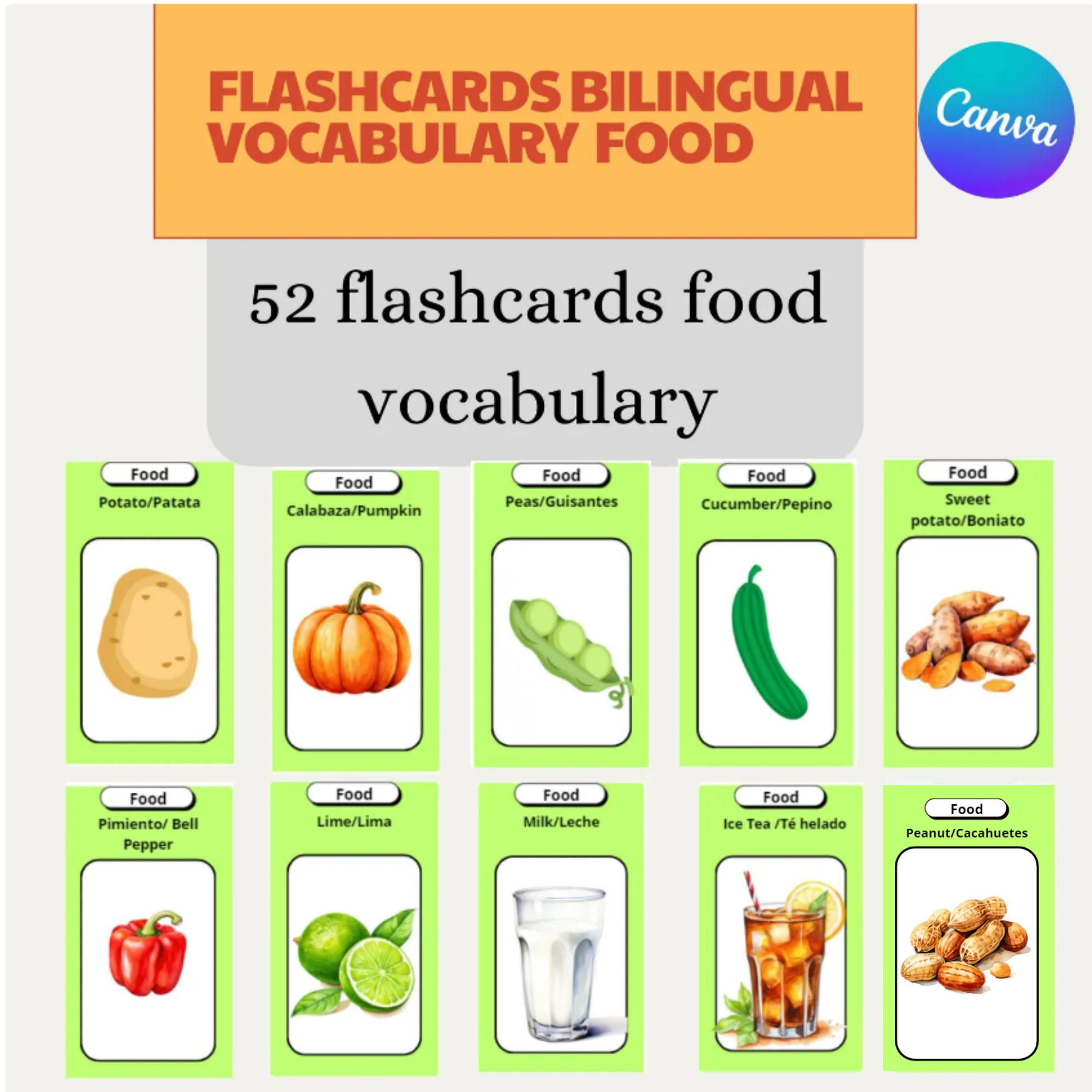 Bilingual Food Vocabulary Flashcards Spanish & English Learning Tool ...