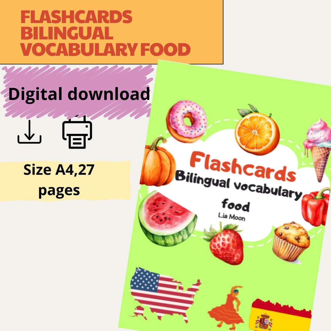 Bilingual Food Vocabulary Flashcards Spanish & English Learning Tool ...