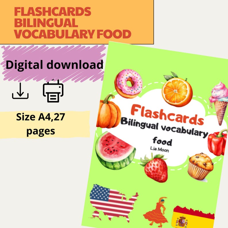 Bilingual Food Vocabulary Flashcards Spanish & English Learning Tool ...