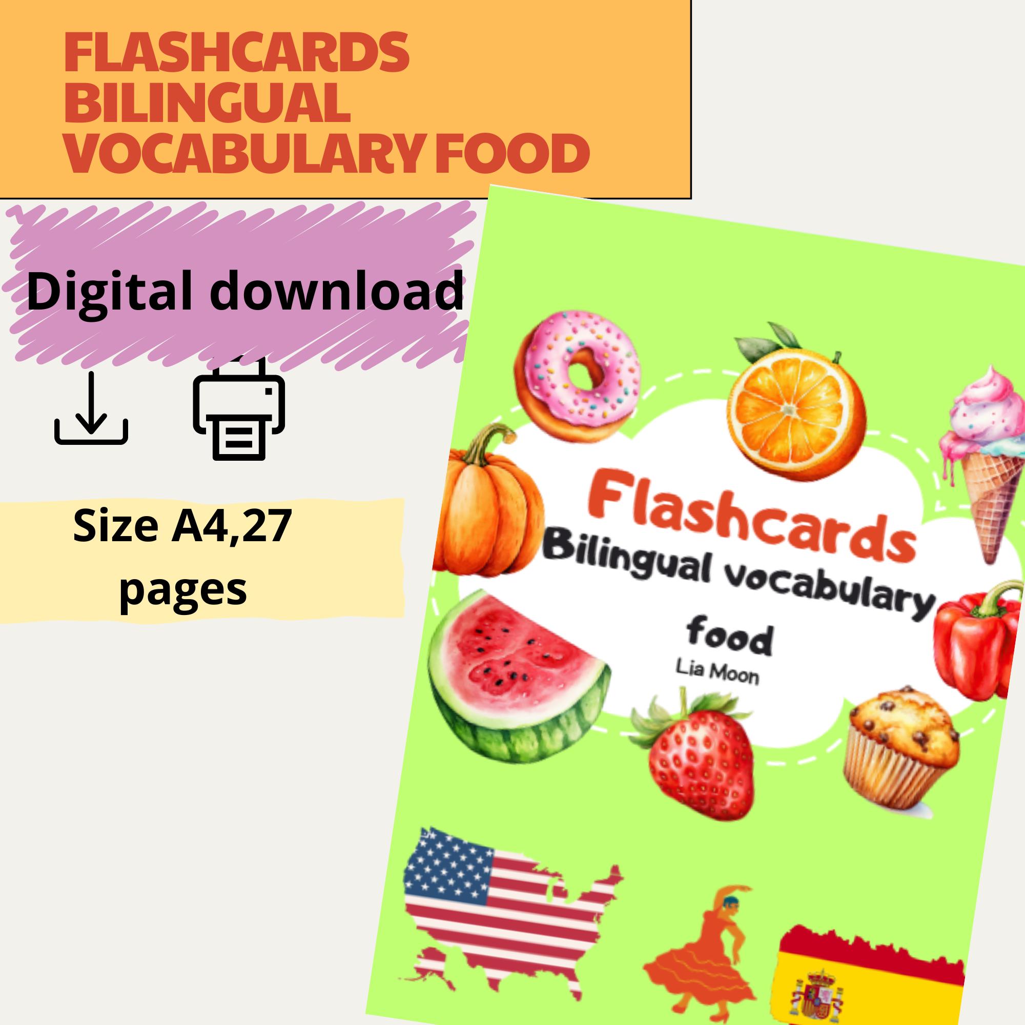 Bilingual Food Vocabulary Flashcards Spanish & English Learning Tool ...