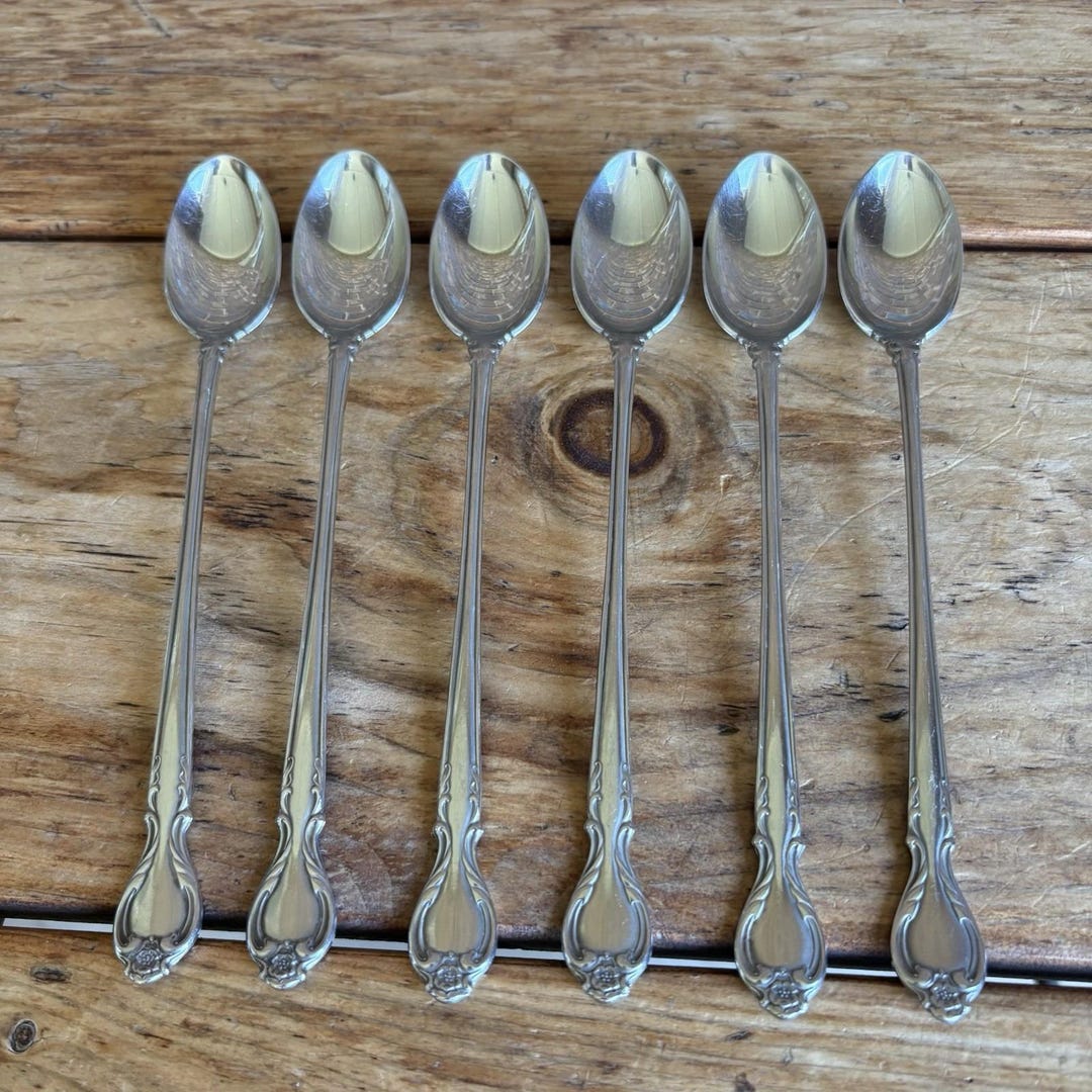 6 International Lyon Stainless Queens Fancy Pattern Iced Ice Tea Spoons ...