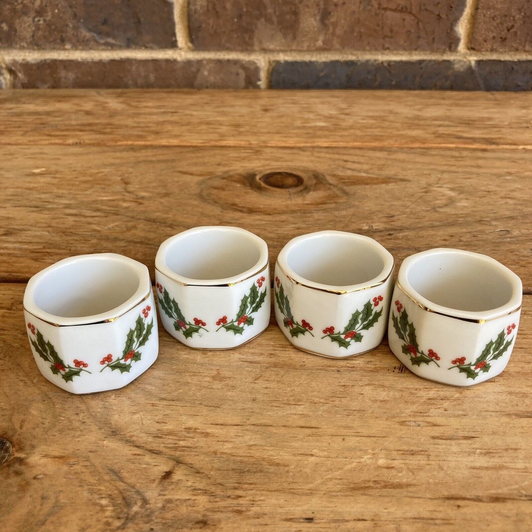 Vintage Set of 4 Mervyn's Porcelain Napkin Rings Holly Berries With Box ...