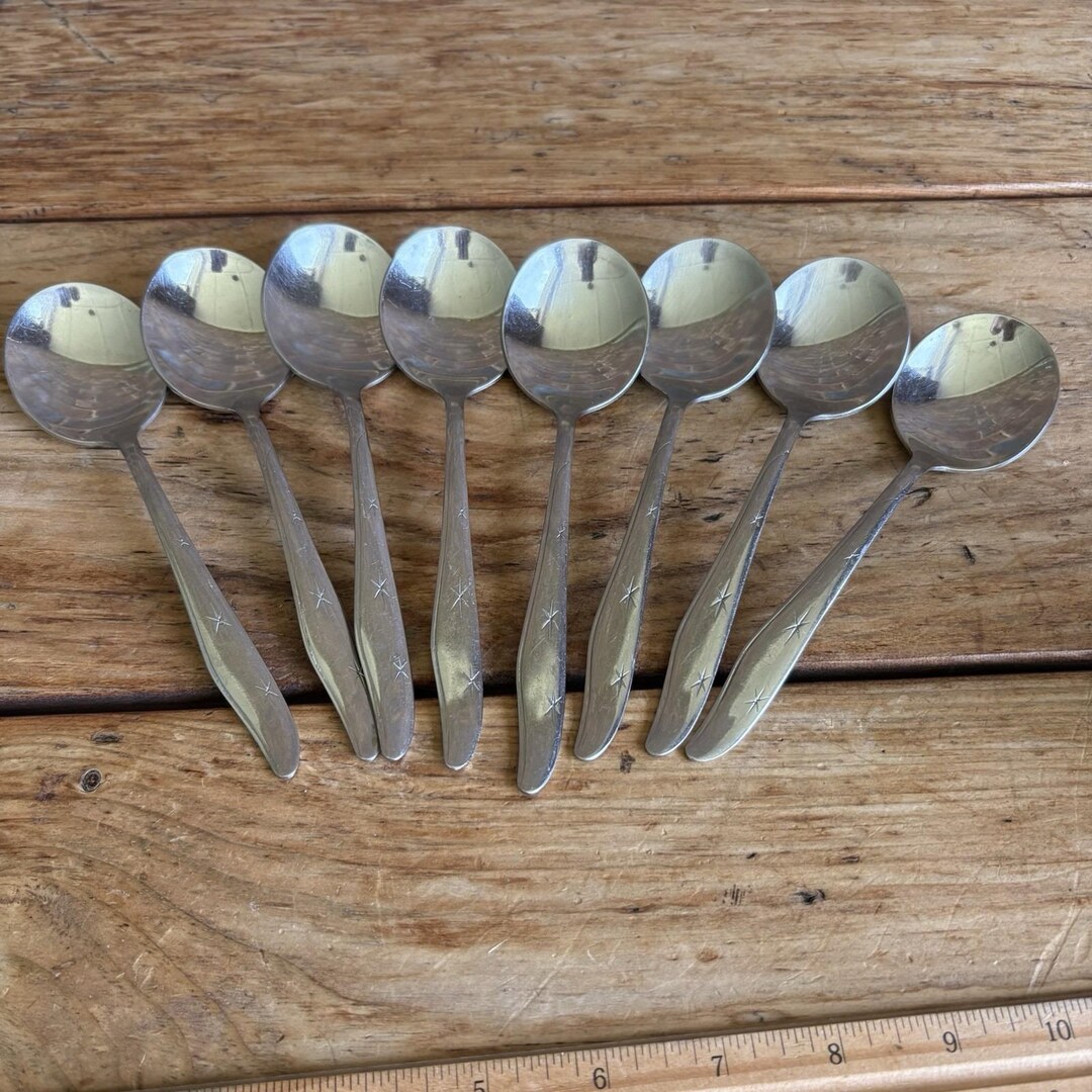 Set of 8 Mar Crest Citation MCM Atomic Starburst Stainless Steel Soup ...