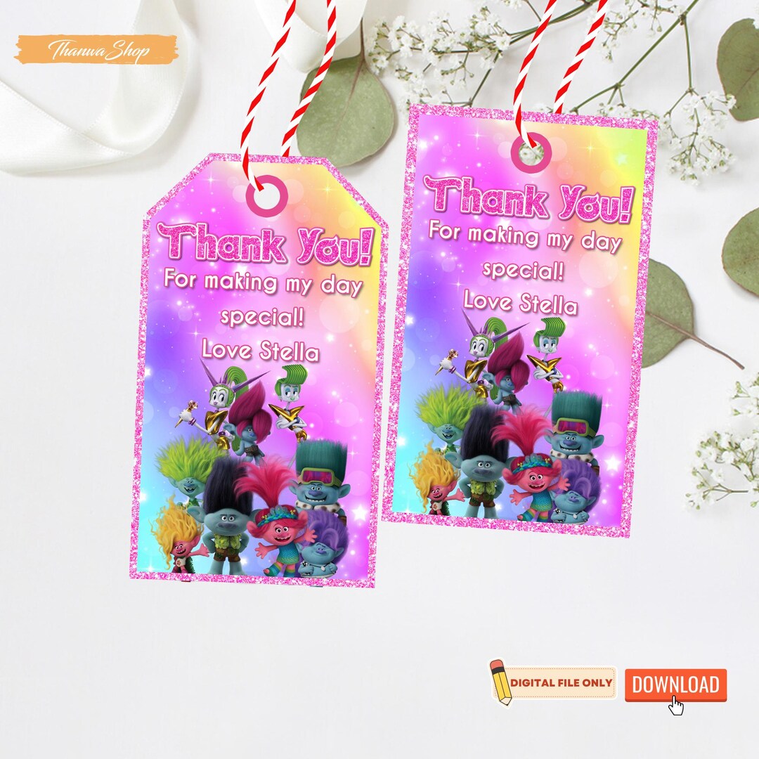 Trolls Birthday Thank You Tag Digital, Personalized Troll Themed Favor ...