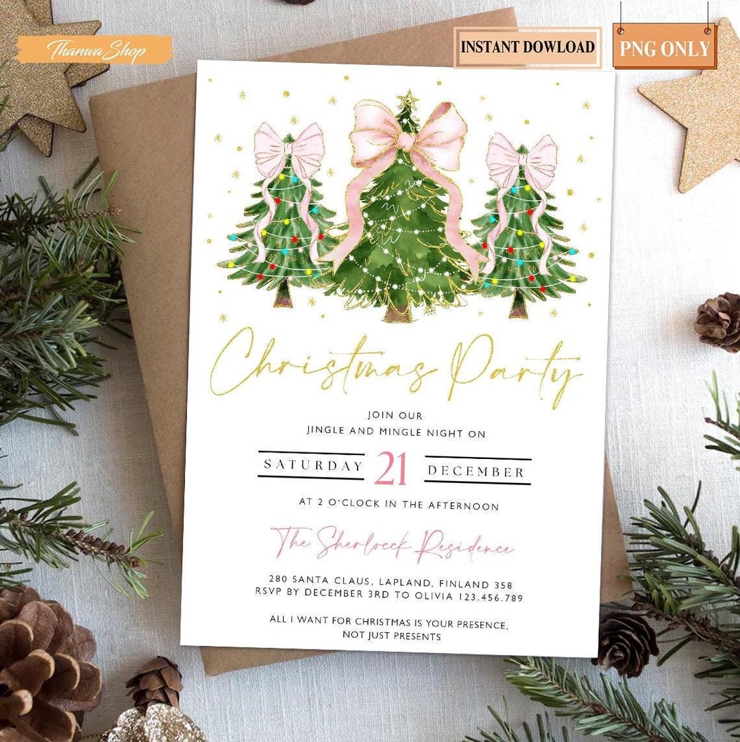 Christmas Dinner Party Invite, Brushstroke Christmas Tree Invitation ...