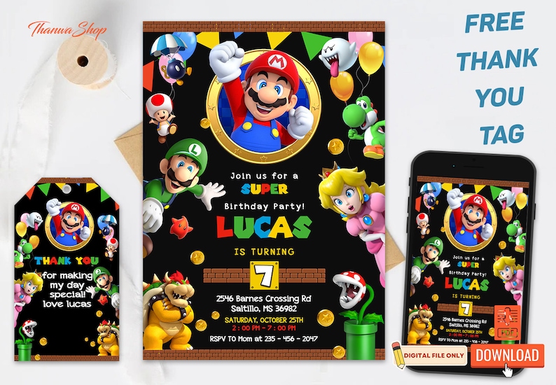Mario Birthday Invitations Super Mario Invitation Birthday - Etsy