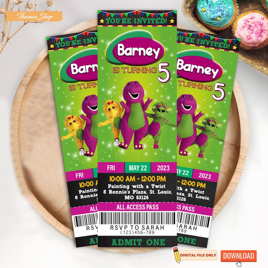 Barney Birthday Invitation Printable File, Custom Birthday Ticket ...