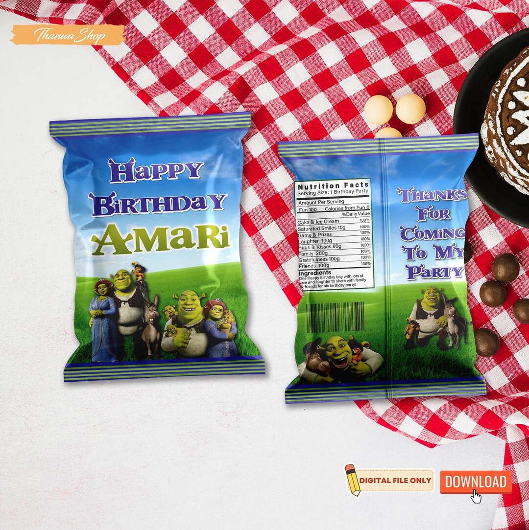 Shrek Birthday Party Chip Bags Printable, Shrek Party Favor Supplies ...