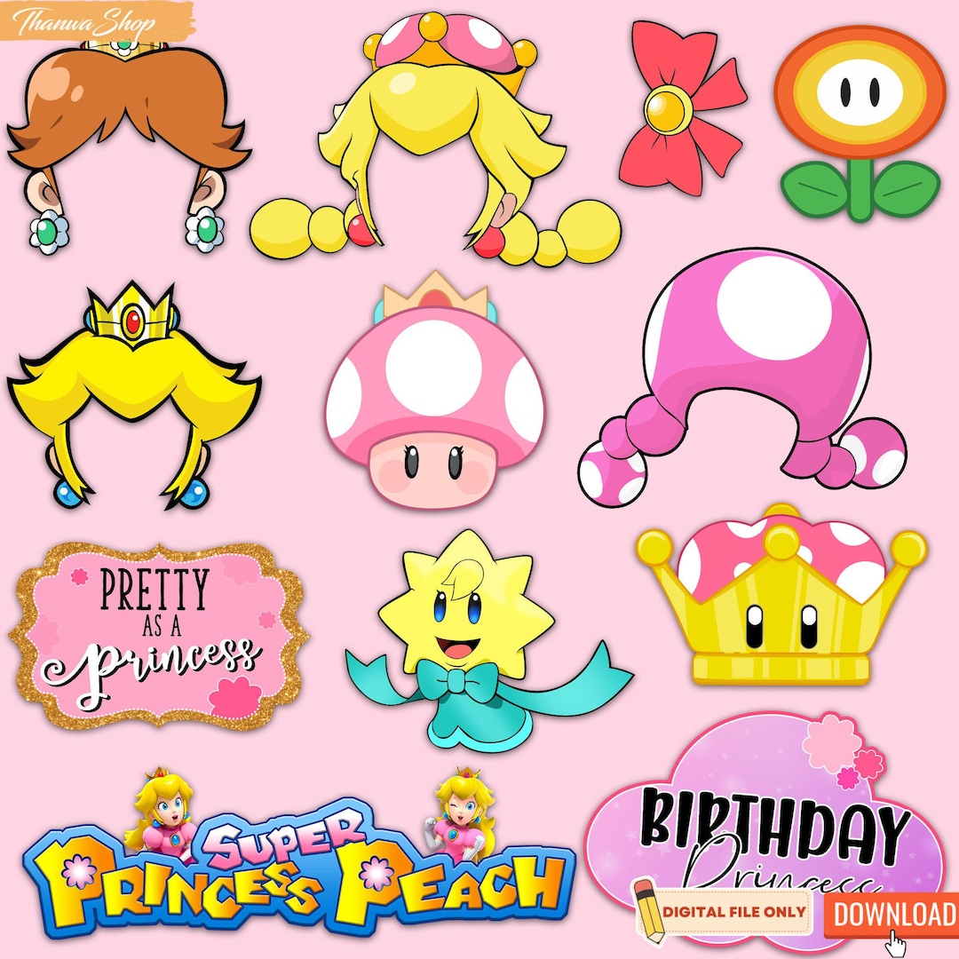 Printable Princess Peach Mario Photo Booth Props, Mario Bros Photo ...