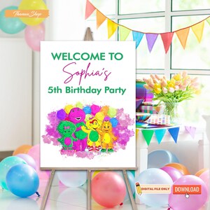Barney Birthday Welcome Sign Printable, Purple Dinosaur Party Decor ...