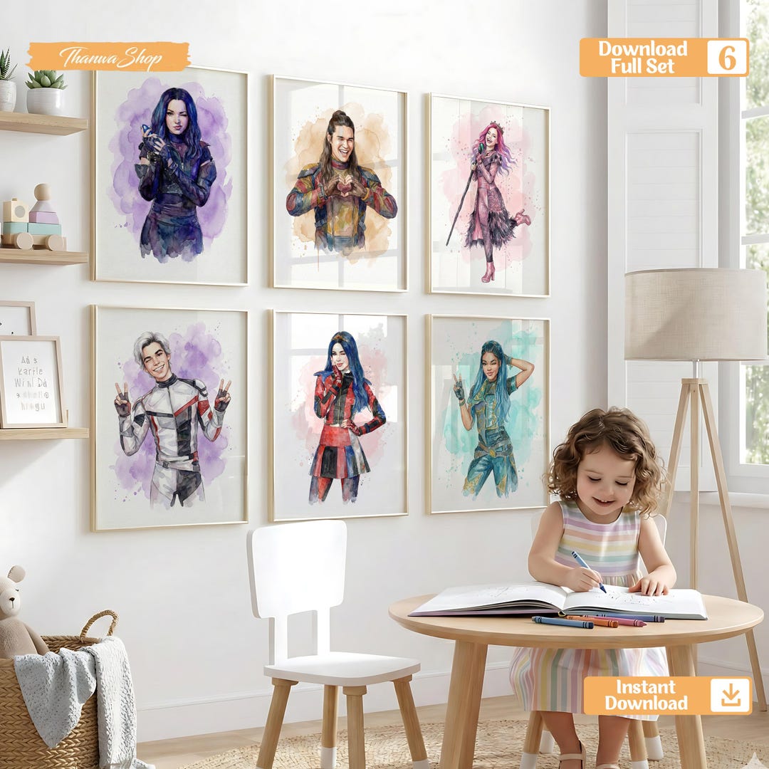Descendants Wall Art Set of 6, Watercolor Digital Prints for Kids Room ...
