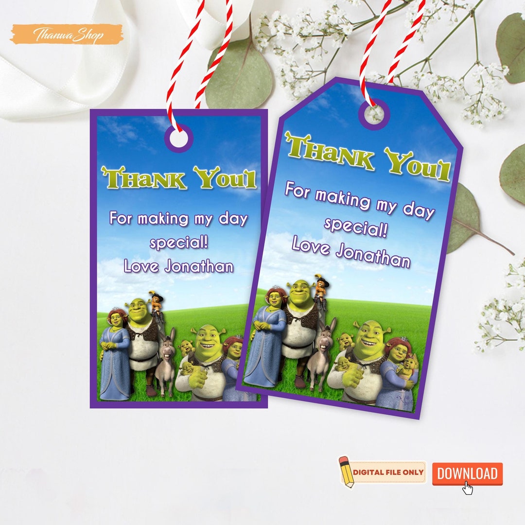 Shrek Birthday Thank You Tags, Printable Funny Party Favor, Digital ...