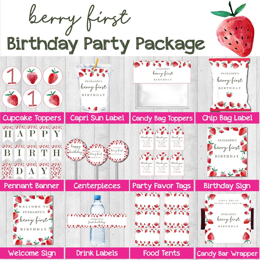 My Berry First Birthday Package Party, Strawberry Birthday, Printable ...
