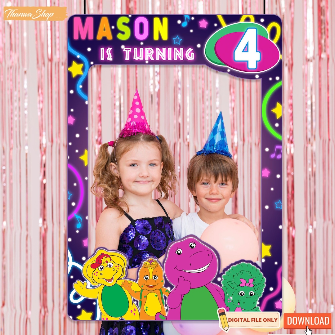 Printable Barney Birthday Selfie Photo Prop Frame for Kids, Editable ...