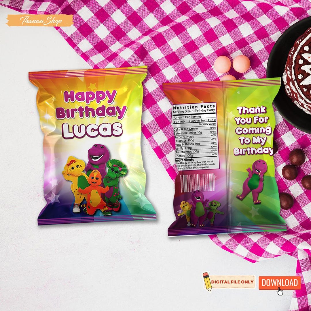 Printable Barney Birthday Chip Bags, Custom Purple Dinosaur Birthday ...