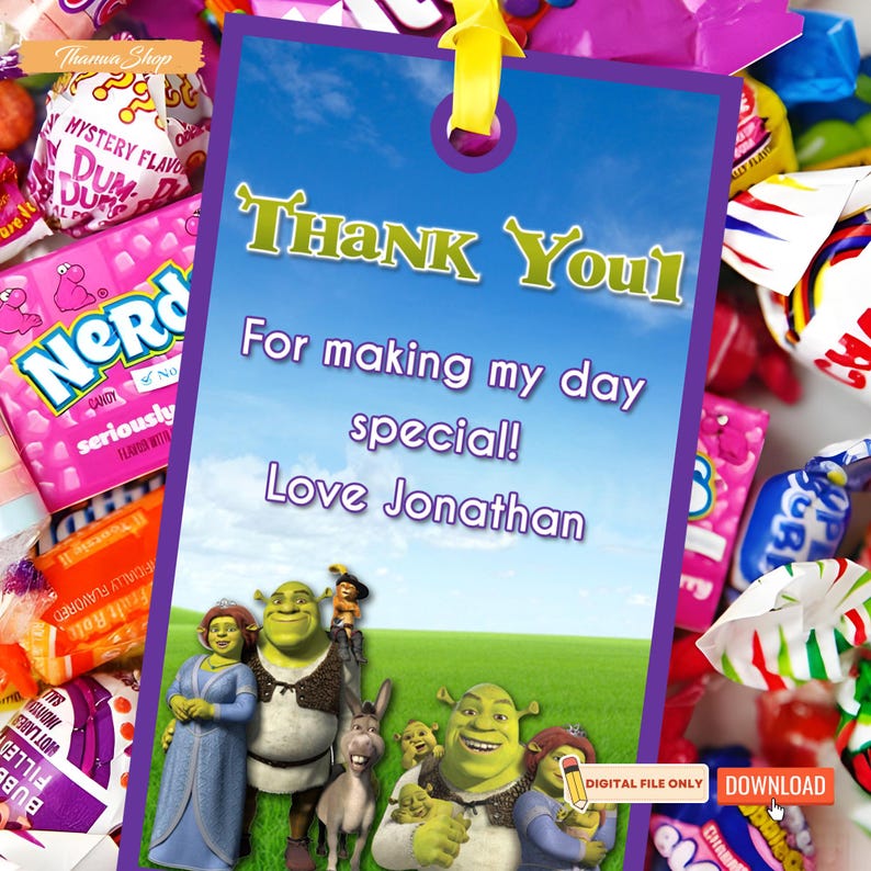 Shrek Birthday Thank You Tags, Funny Party Favor (digital Download ...
