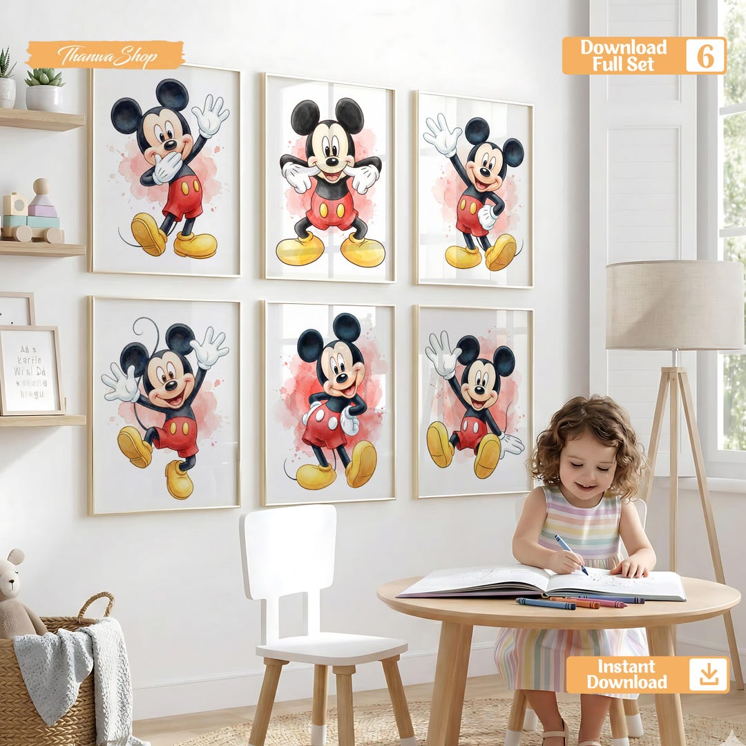 Mickey Mouse Wall Art Set, Watercolor Playroom and Nursery Printable ...