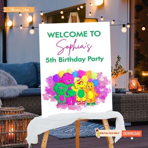 Barney Birthday Welcome Sign Printable, Purple Dinosaur Party Decor ...