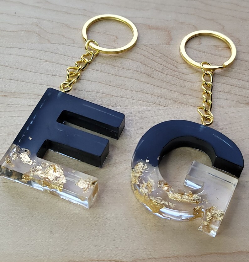 Black and Gold Personalized Initial Keychain Letter Gold Custom Resin ...