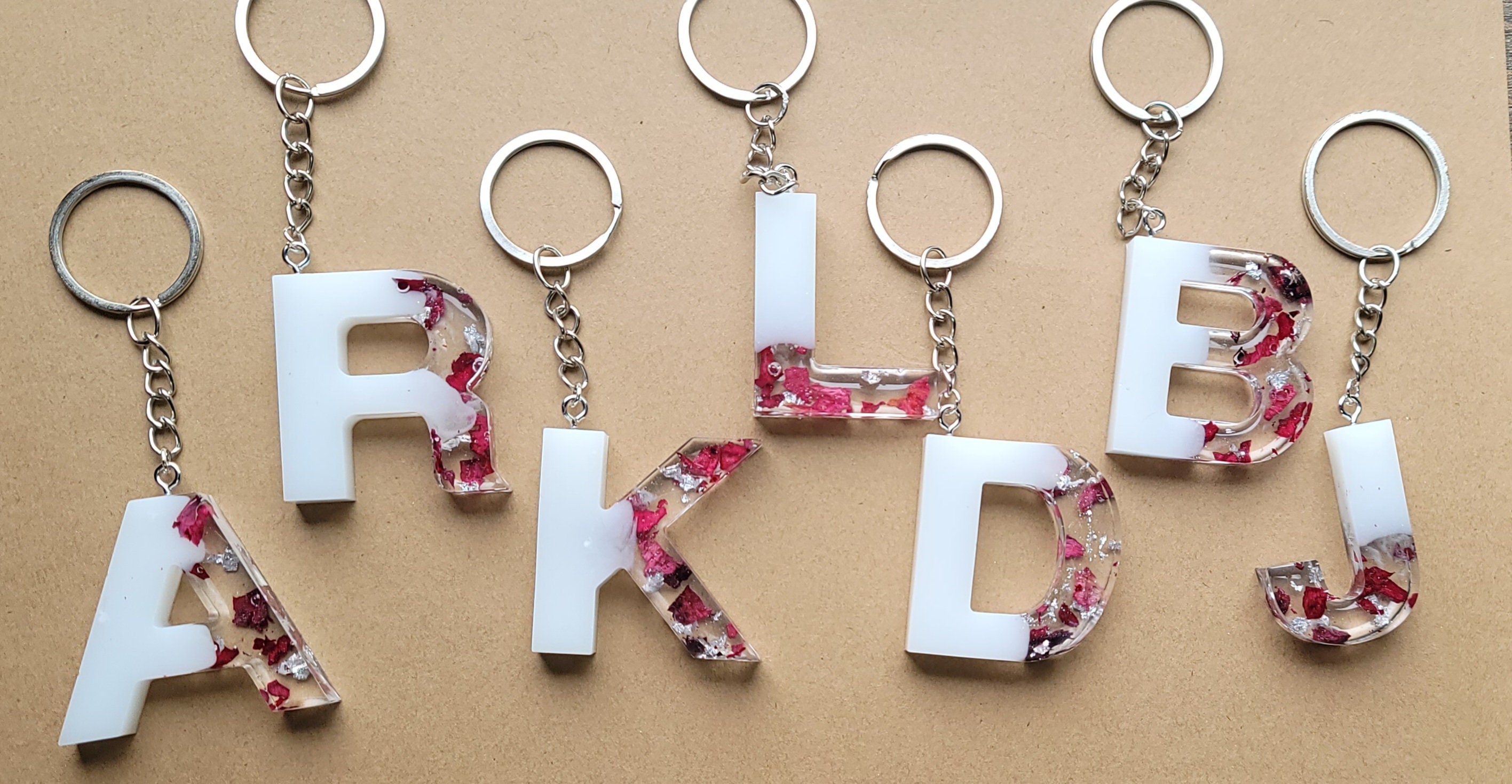 White and Floral Custom Initial Rose Petal Key Ring Letter White Floral ...
