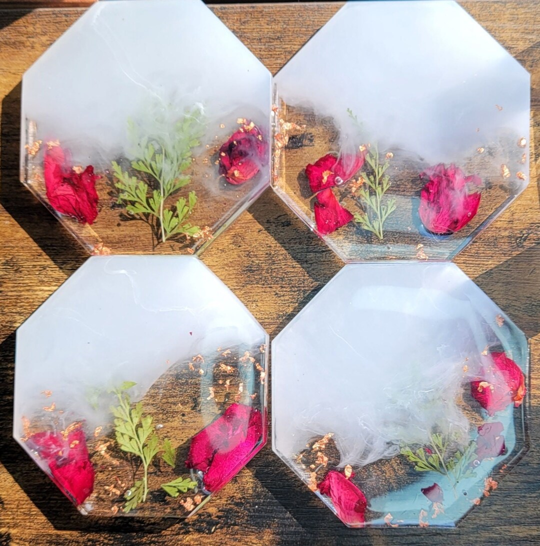Rose Petal Coaster Set Floral Coaster Marbled White Coaster Set Resin ...