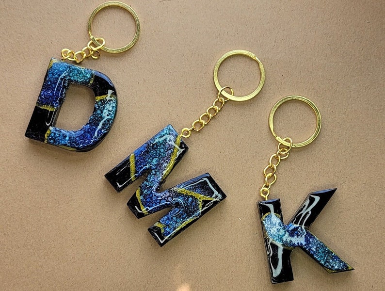 Black, Gold and Blue Bubble Custom Initial Keychain Personalized Letter Name Key Ring - Etsy