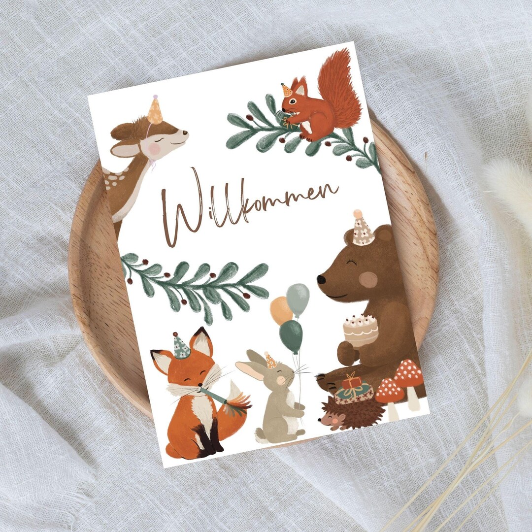 Geburtskarte Waldtiere Willkommen Karte zur Geburt Mädchen Geburtskarte Junge Bär Fuchs Hase Reh ...