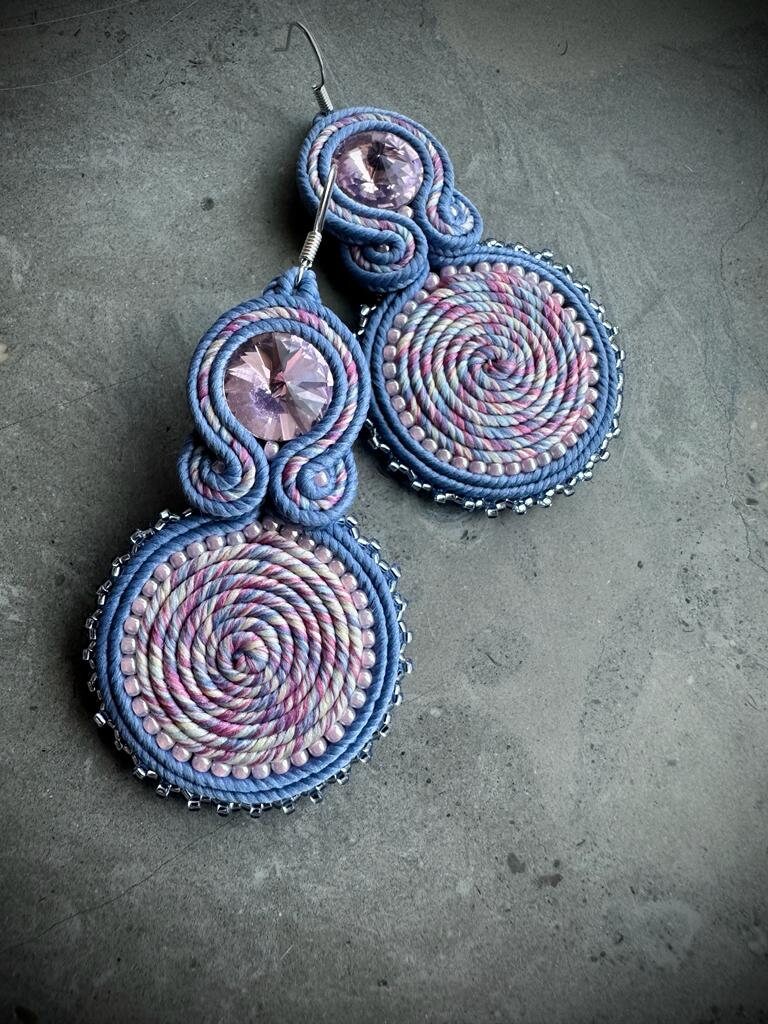 Handmade Soutache Earrings, Pastel Spiral Crystal Drop Earrings - Etsy