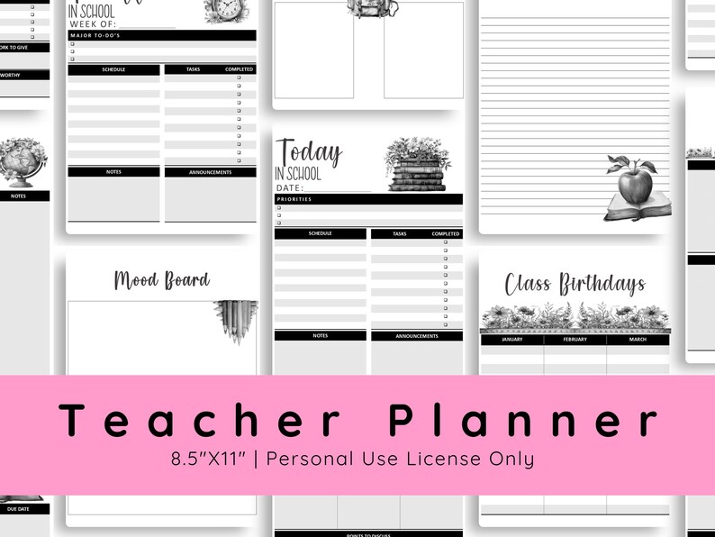 Black and White Teacher Printable Planner, Weekly Planner Printable ...