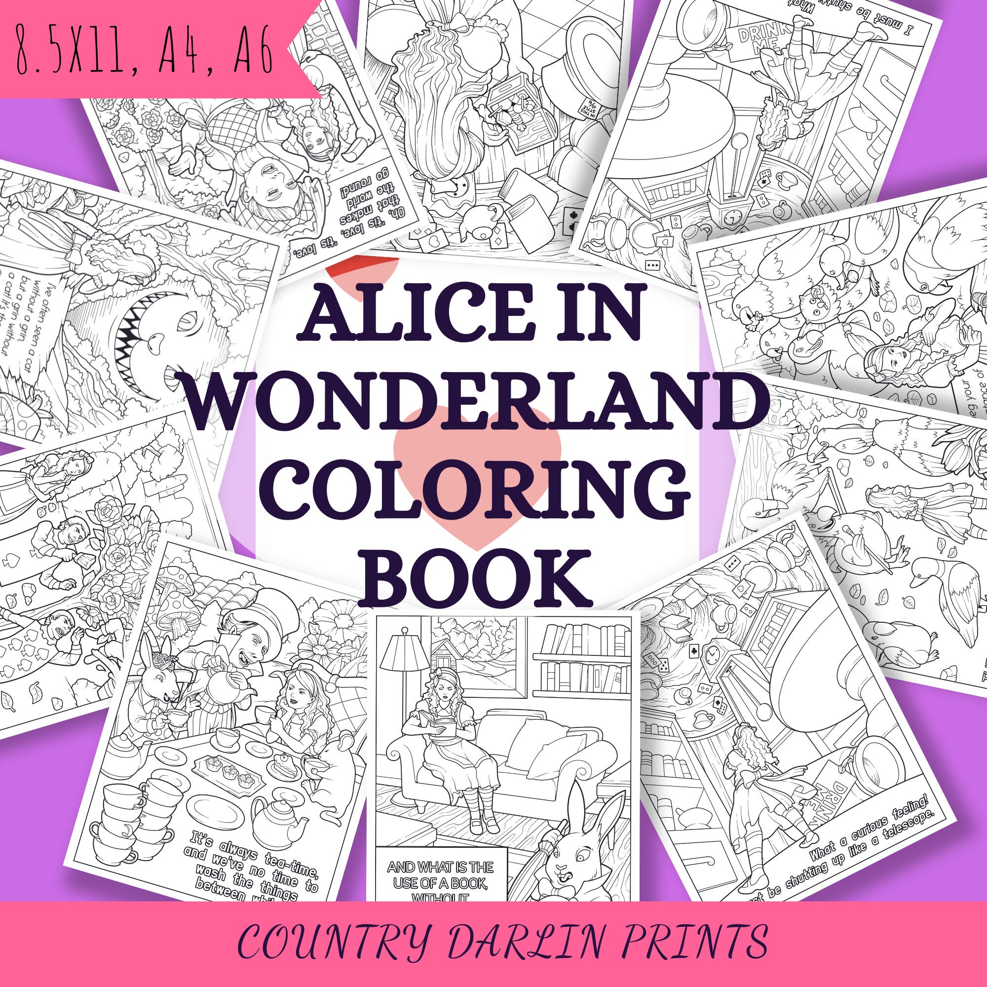 Alice in Wonderland Coloring Book, Book Lovers Gift, Alice Printable ...