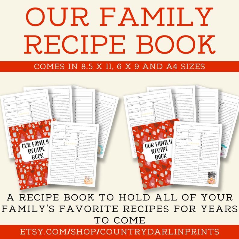 Blank Cookbook, Family Recipe Book, Recipe Pages Organizer, Vintage ...