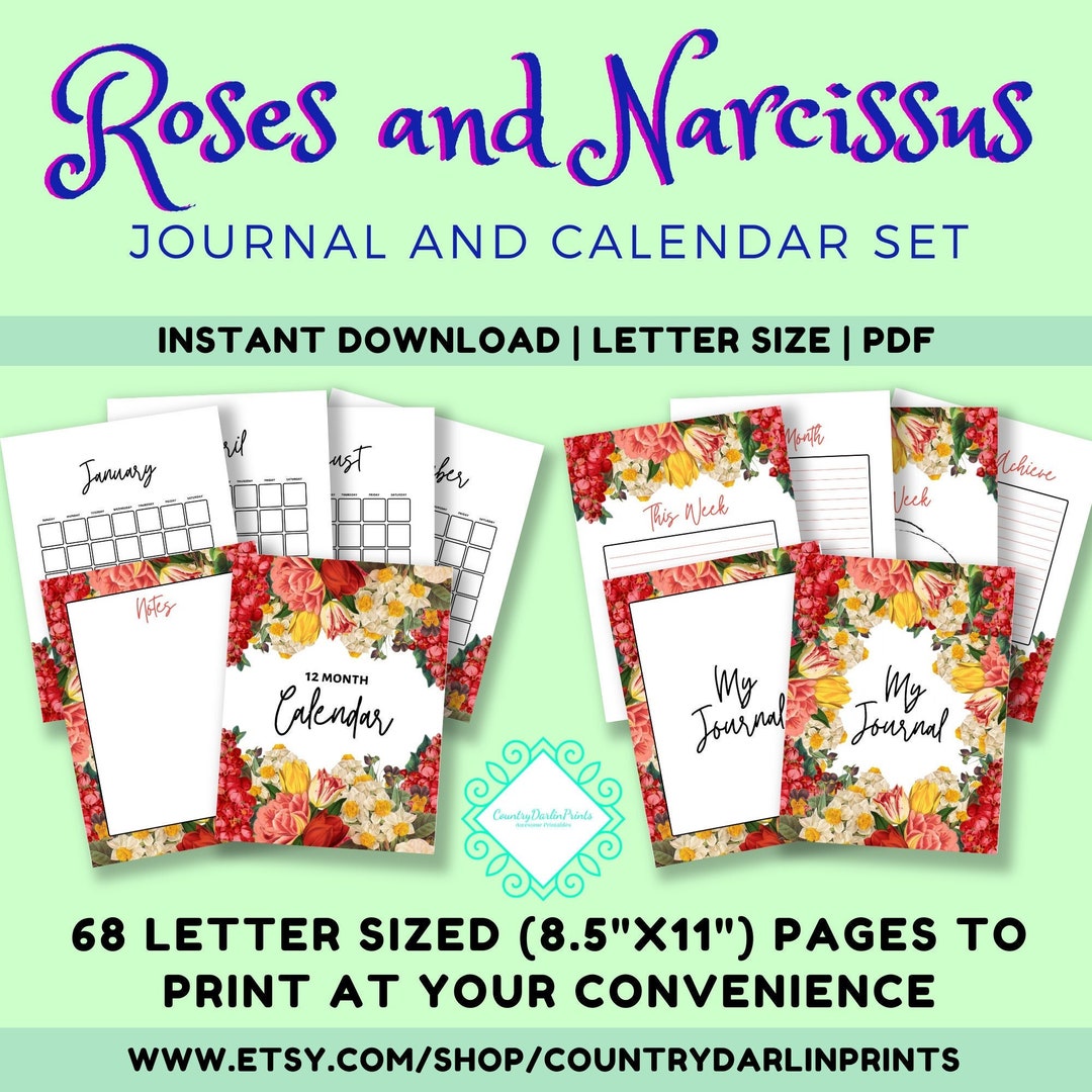 Roses and Narcissus Printable Calendar and Journal Set, Flower Planner ...