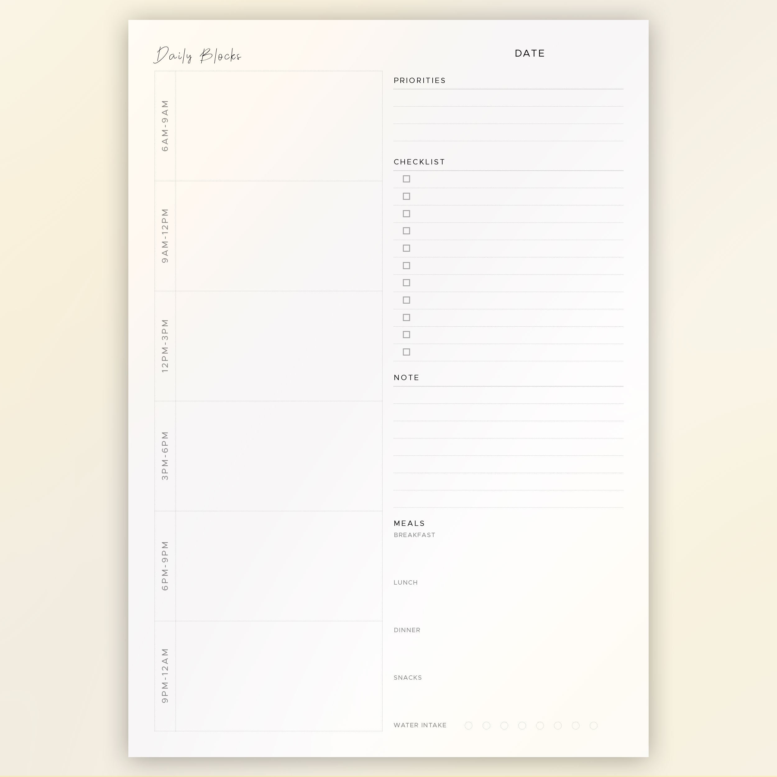 Simple Time Blocking Daily Planner with Meal Plan Water Intake | Etsy